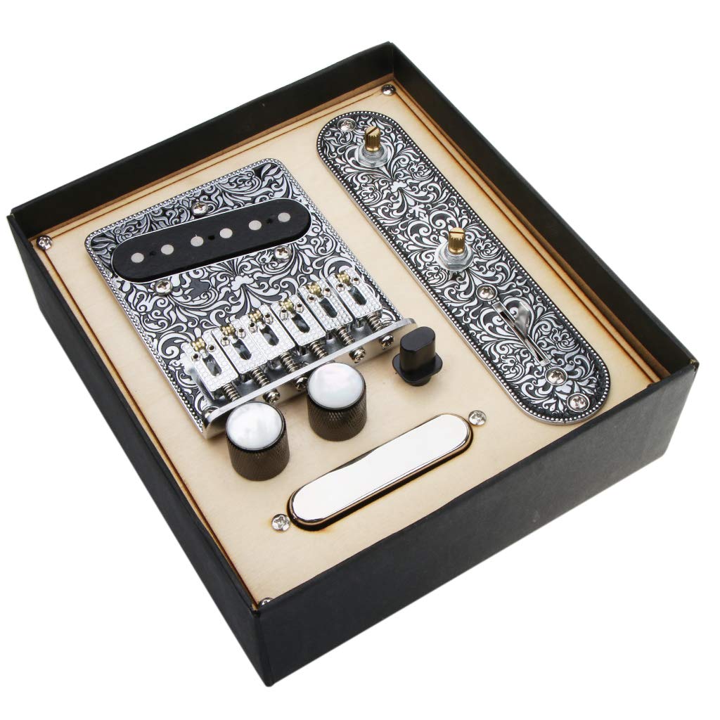 Alnicov 6 Strings Saddle Bridge Plate, 3 Way Switch Control Plate, Neck Pickup Set for Fender Telecaster Electric Guitars Replacement Parts (Black)