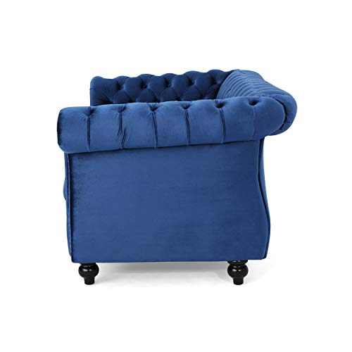 Christopher Knight Home Karen Traditional Chesterfield Loveseat Sofa, Navy Blue and Dark Brown, 61.75 x 33.75 x 27.75