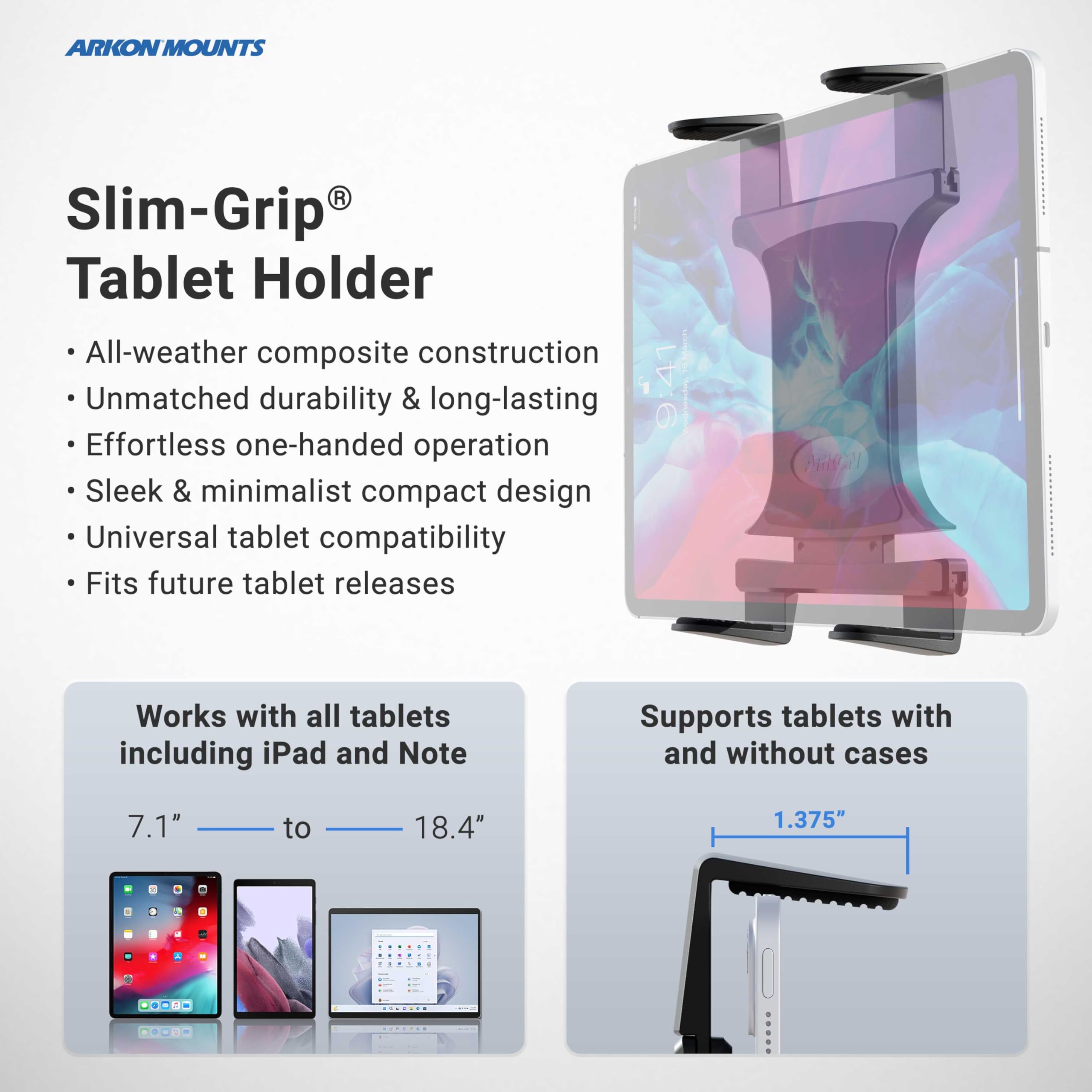 ARKON Mounts Slim-Grip Universal Tablet Holder | Grips Devices up to 18.4" in Screen Size | 4-Hole AMPS Pattern Compatible | Fits iPad, Samsung Tab, Google, Surface, and More | TAB001-AMPS