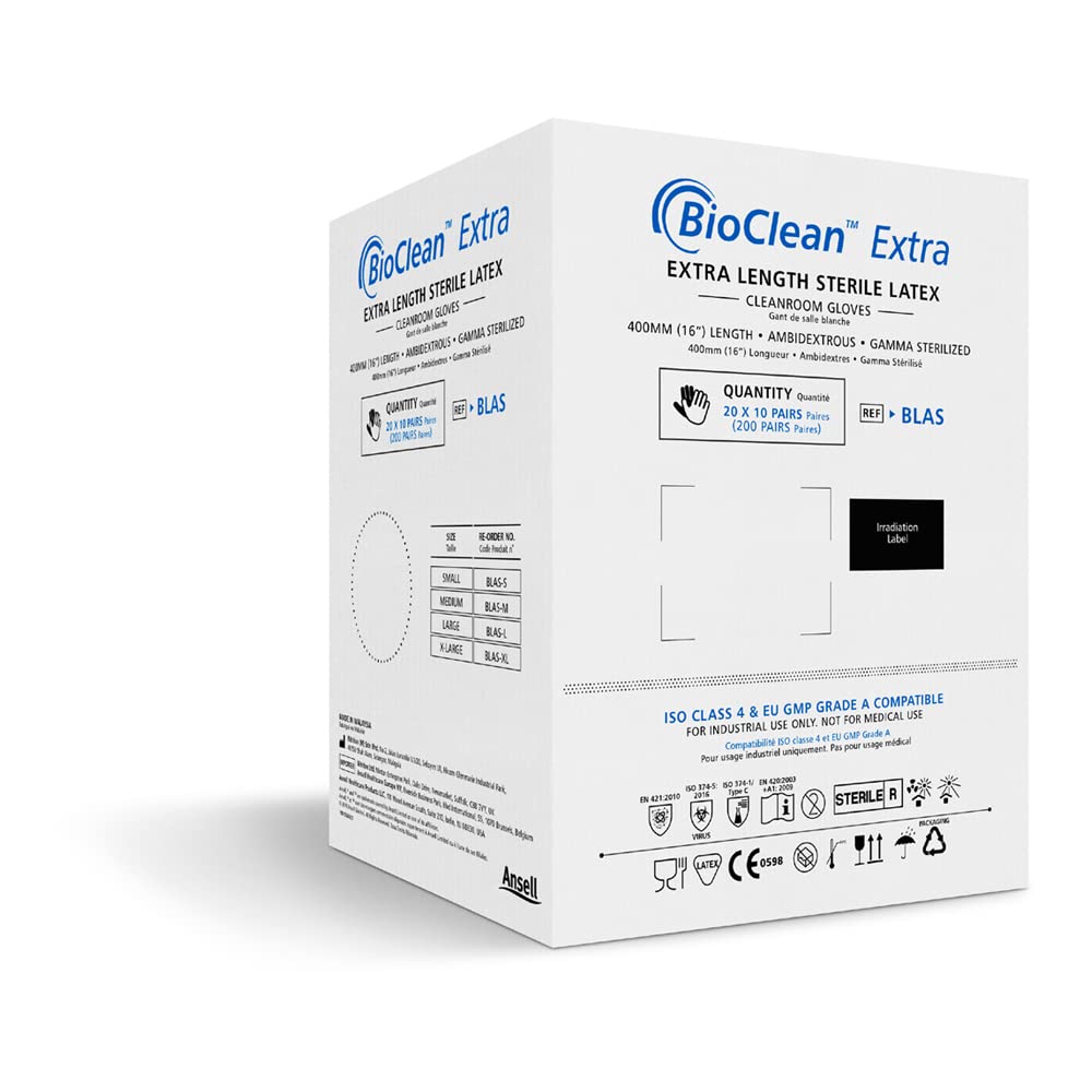 Ansell BLAS-M BioClean Extra Sterile Latex Glove, 16" Length, Ambidextrous, Natural, M (Pack of 200)