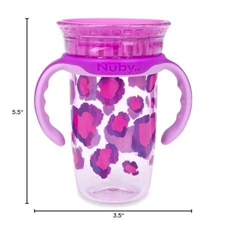 Nuby 360 Edge 2 Stage Drinking Rim Cup with Removable Handles & hygienic Cover: 10 Oz/ 300 Ml, 12M+, Leopard, Purple (80810)