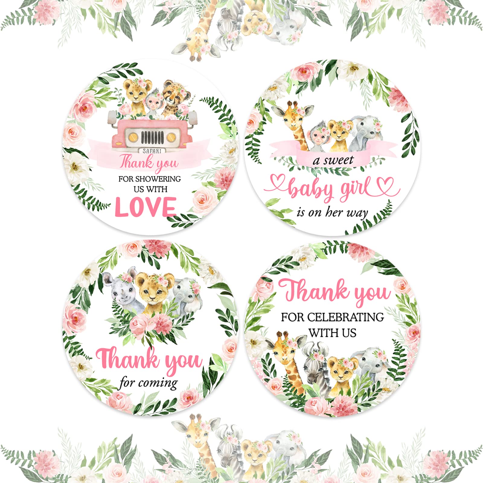48 Packs Jungle Thank You Stickers for Girls, Baby Shower Safari Jungle Thank You Stickers, Pink Baby Girl Shower Wild Animals Birthday Party Favor Label Decorations(2 Inch)