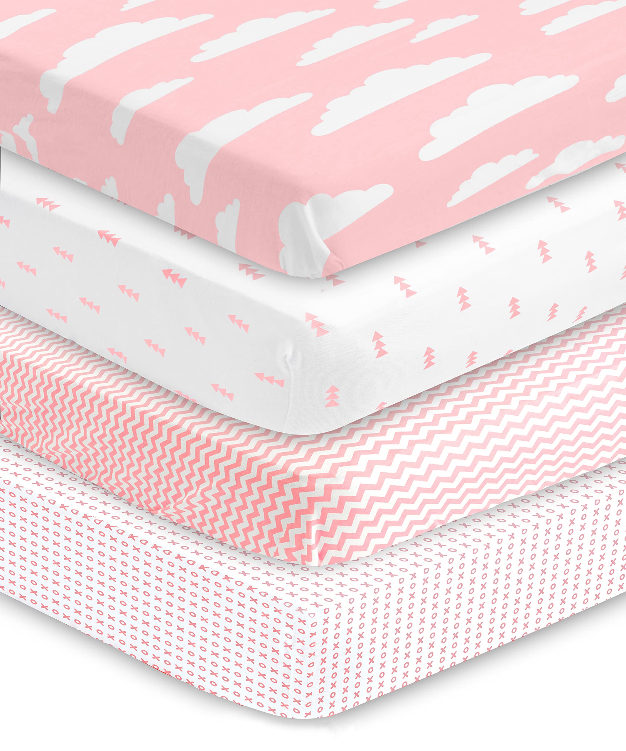 BaeBae Goods Premium Crib Sheets for Baby Girls, 4 Pack, Soft and Breathable Jersey Knit Fitted Sheet Set, Pink and White, Cute Girls Nursery Mattress Bedding, Universal Fit