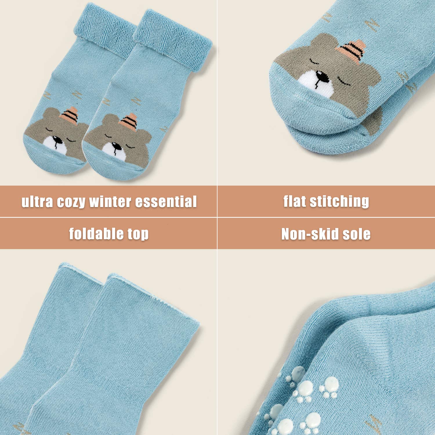 HowJoJo Baby Warm Socks With Grips For Baby Boys Non Slip Winter Socks Baby Girls Thick Crew Socks 6 Pack 12-24 Months