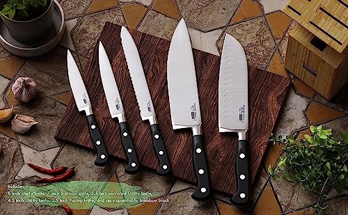 Cooks Standard 6-Piece Stainless Steel Knife Set with Expandable Bamboo Block for Extra Slots
