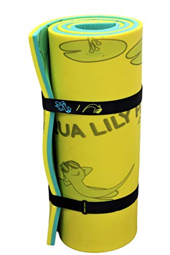 Aqua Lily Pad Tadpole Floating Pool Mat (Single Adult Foam Mattress Lounger) 7'1" x 2' Water Float Includes Pillow Straps & Storage Bag, Green/Yellow, Made in USA