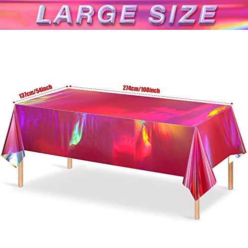 4 Pack Hot Pink Iridescence Plastic Tablecloths Shiny Disposable Laser Rectangle Table Covers Holographic Foil Tablecloth Party Decorations Birthday Bridal Wedding Christmas, 54 x 108 Inch