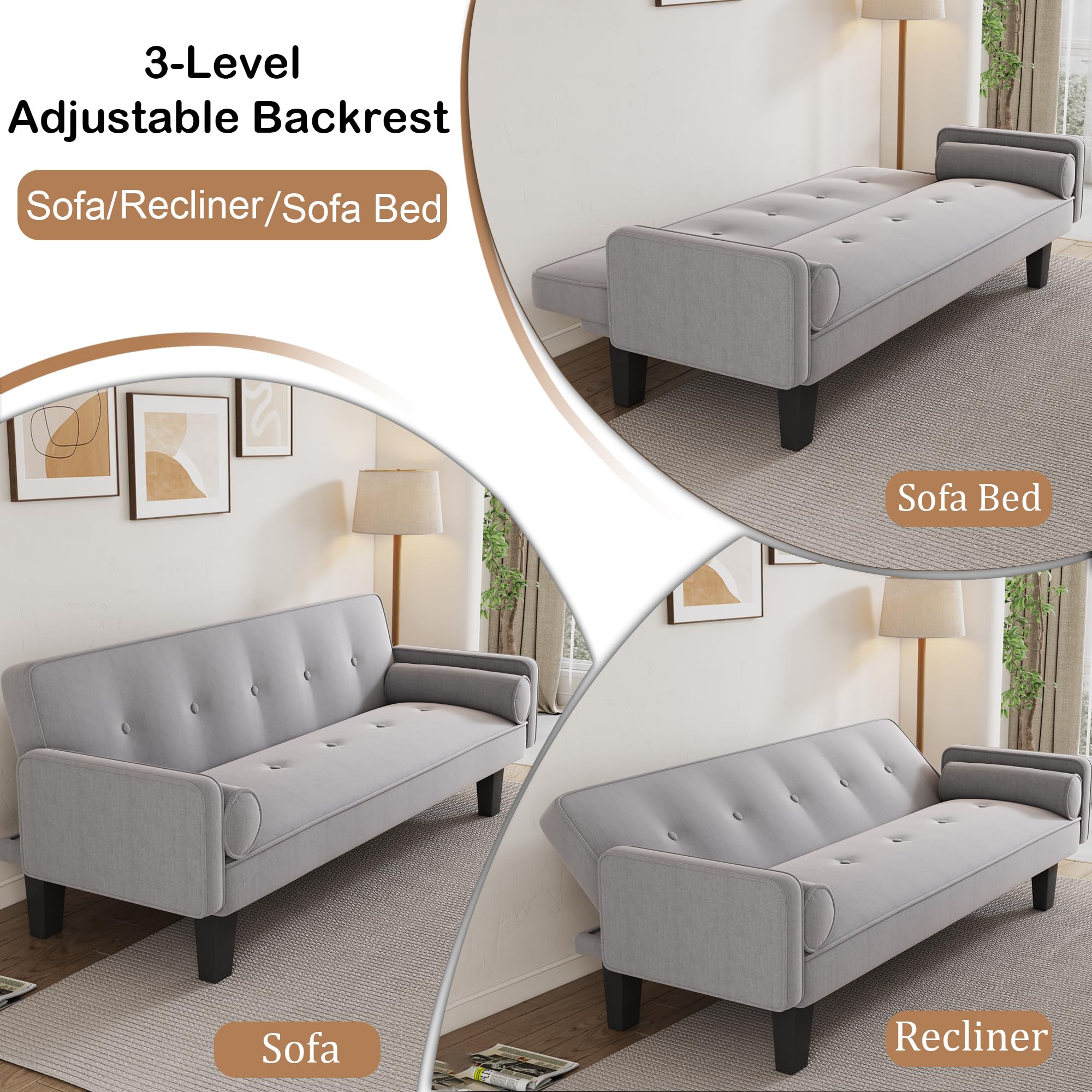 72" Convertible Sofa Couch Bed with 2 Pillows, Cotton Linen Loveseat Sofa Bed with Soild Wood Legs,Modern Upholstered Folding Reclinerfor Living Room Apartment Office