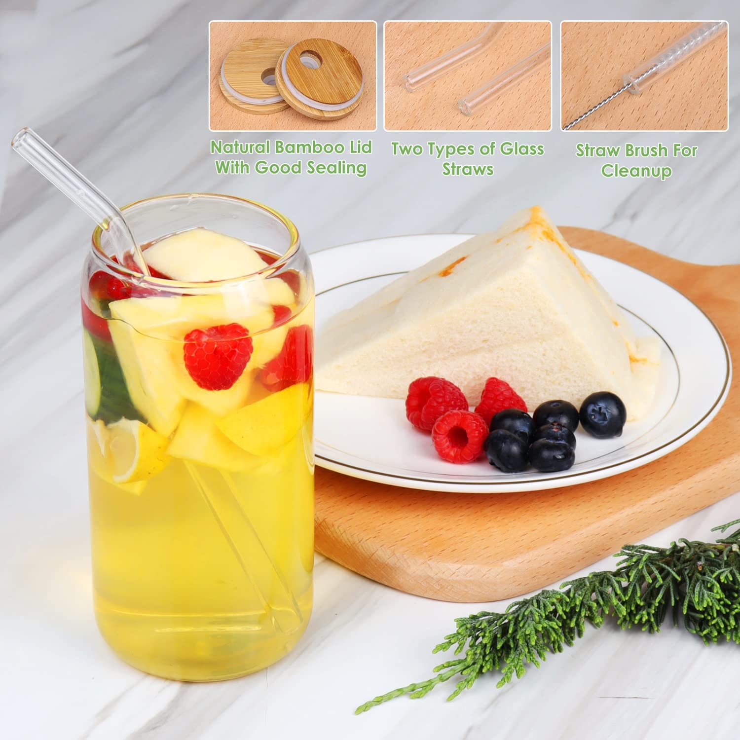 2Pack 16OZ Glass Cups with Lids and Straws ,Smoothie Cup Glass Tumbler with Straw and Lid,Iced Coffee Cup with Lids and Glass Straws ,for Coffee Bar Accessories,Juice, Boba, Smoothie, Tea, Kombucha