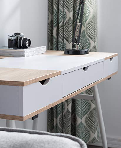 JJS Home Computer Desk, Writing Desk with Drawers, Contemporary Design Split Top Storage Modern Desk, Sturdy and Easy Assembly Spacious Desktop Mid Century Desk,White Desks for Bedroom Dresser Table
