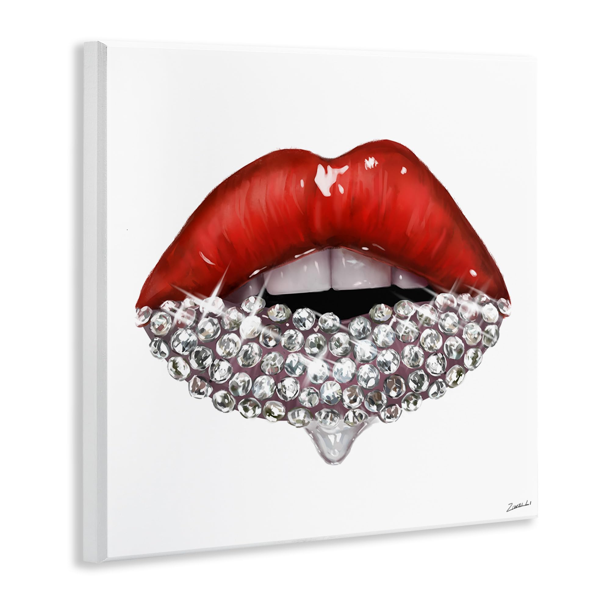 Stupell Industries Red Glam Lips with Glistening Cosmetic Stones Wall Art, 12x12, White