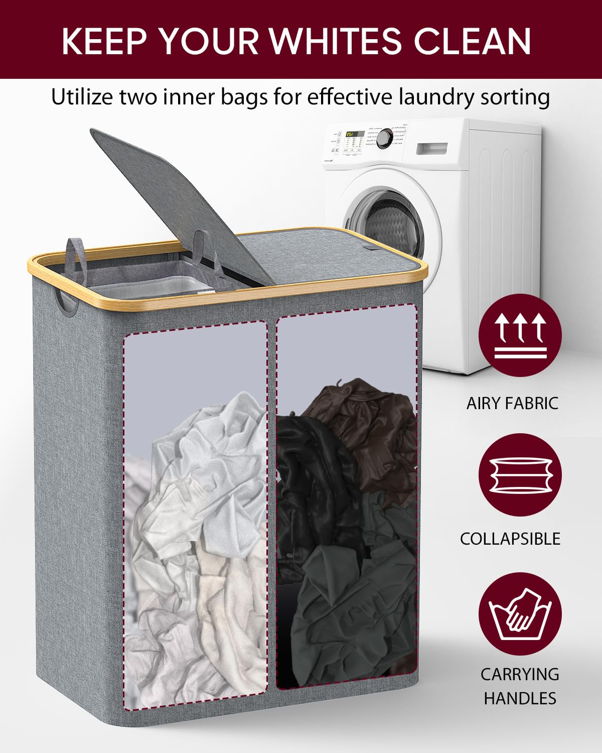 150L Double Laundry Hamper with Lid - CHAMUTY Dirty Clothes Hamper, Collapsible Laundry Baskets, Tall and Slim Design, Perfect for Dorm and Bedroom Use (Grey)