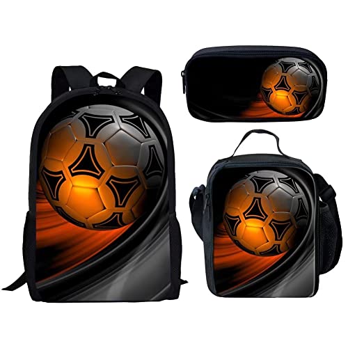 Allinterset Kids Backpack Football Print 3pcs Teen Boys School Book bag with Lunch Box Pen Case