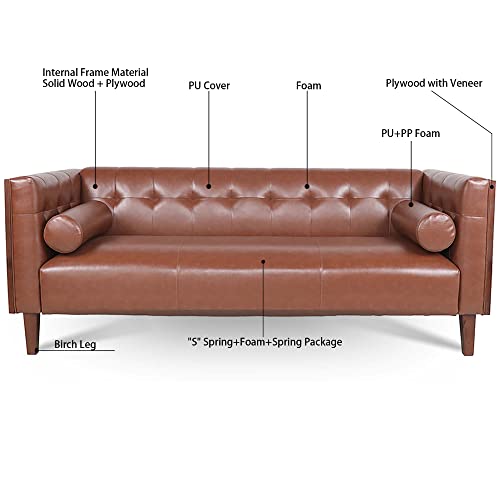 76'' Leather Chesterfield Sofa, Upholstered Tufted Modern Couch with 2 Pillows, Nailhead and Solid Wood Armrest Side Board, 3 Seater Sofa with Wooden Legs for Living Room, Bedroom, Office (Brown)