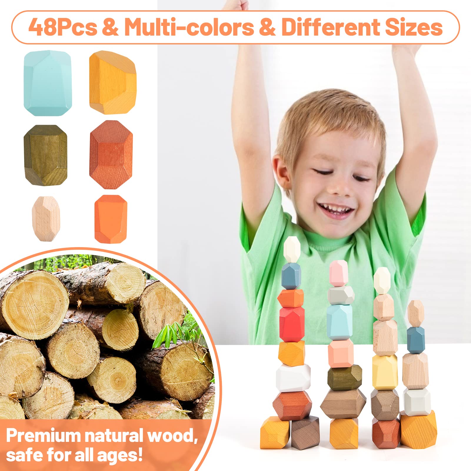 48 Pcs Wooden Stacking Stones- Building Sorting Rocks Balancing Wooden Blocks Preschool Educational Learning Toy for Kids Toddlers 3 4 5 6 Years Old