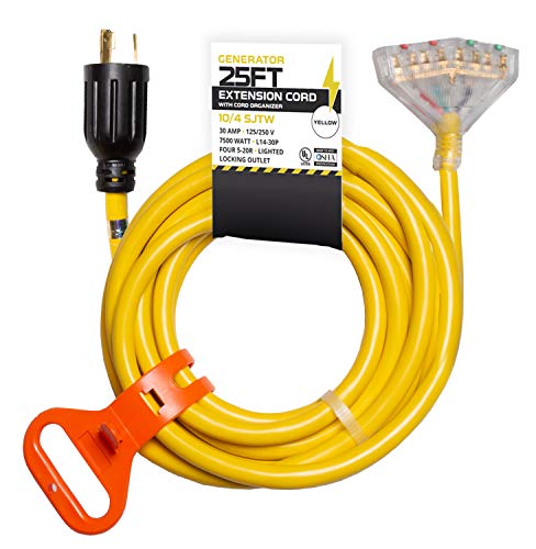 30 Amp Generator Cord - 25 Ft 4 Outlet Generator Power Cable with Organizer, L14-30, 10/4 SJTW, 125/250v, 7500 Watt