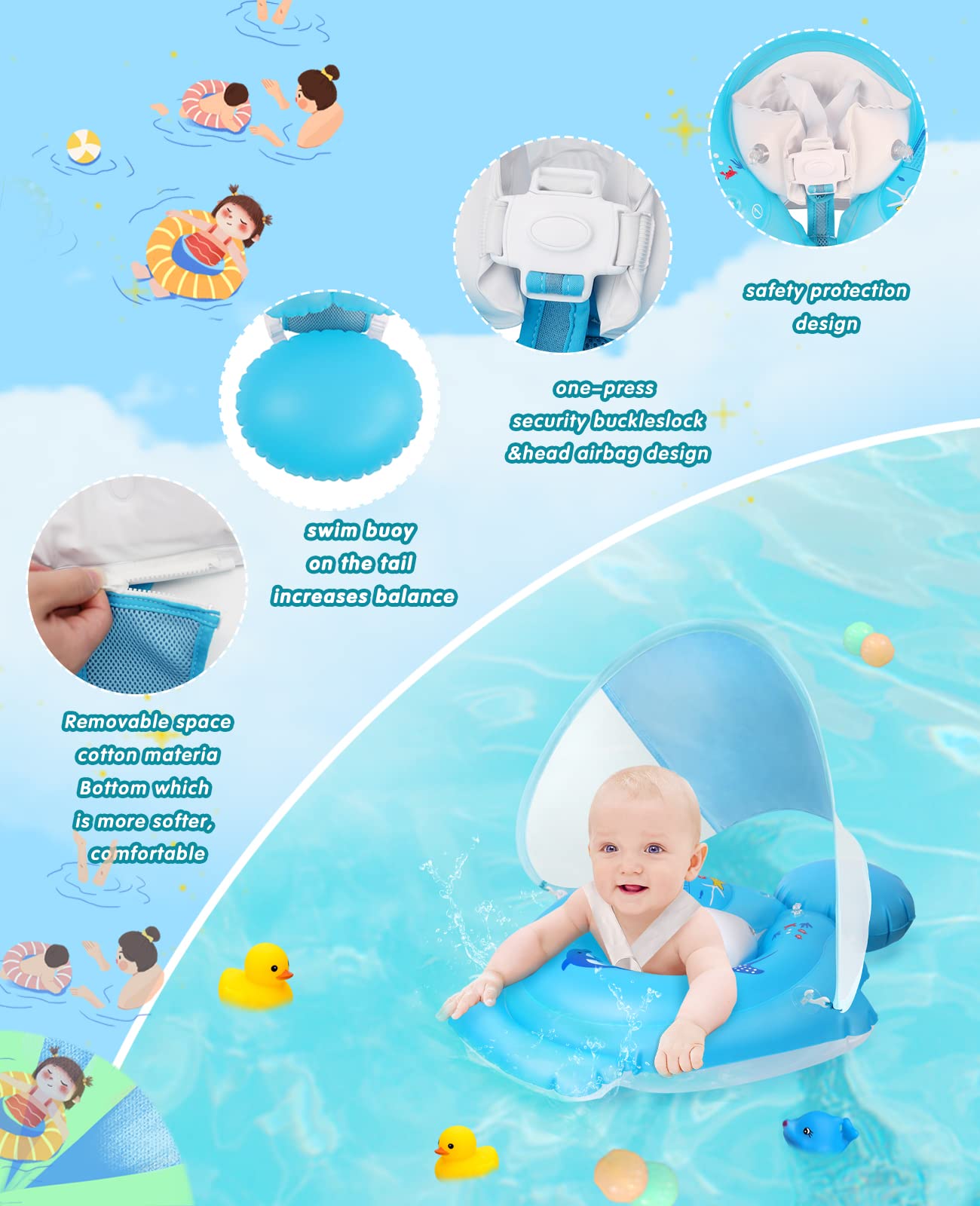 Baby Pool Float with Canopy, Baby Swimming Float Add Tail No Flip, Infant Pool Float, Inflatable Toddler Pool Float with Toys for Age of 3-36 Month (Large)