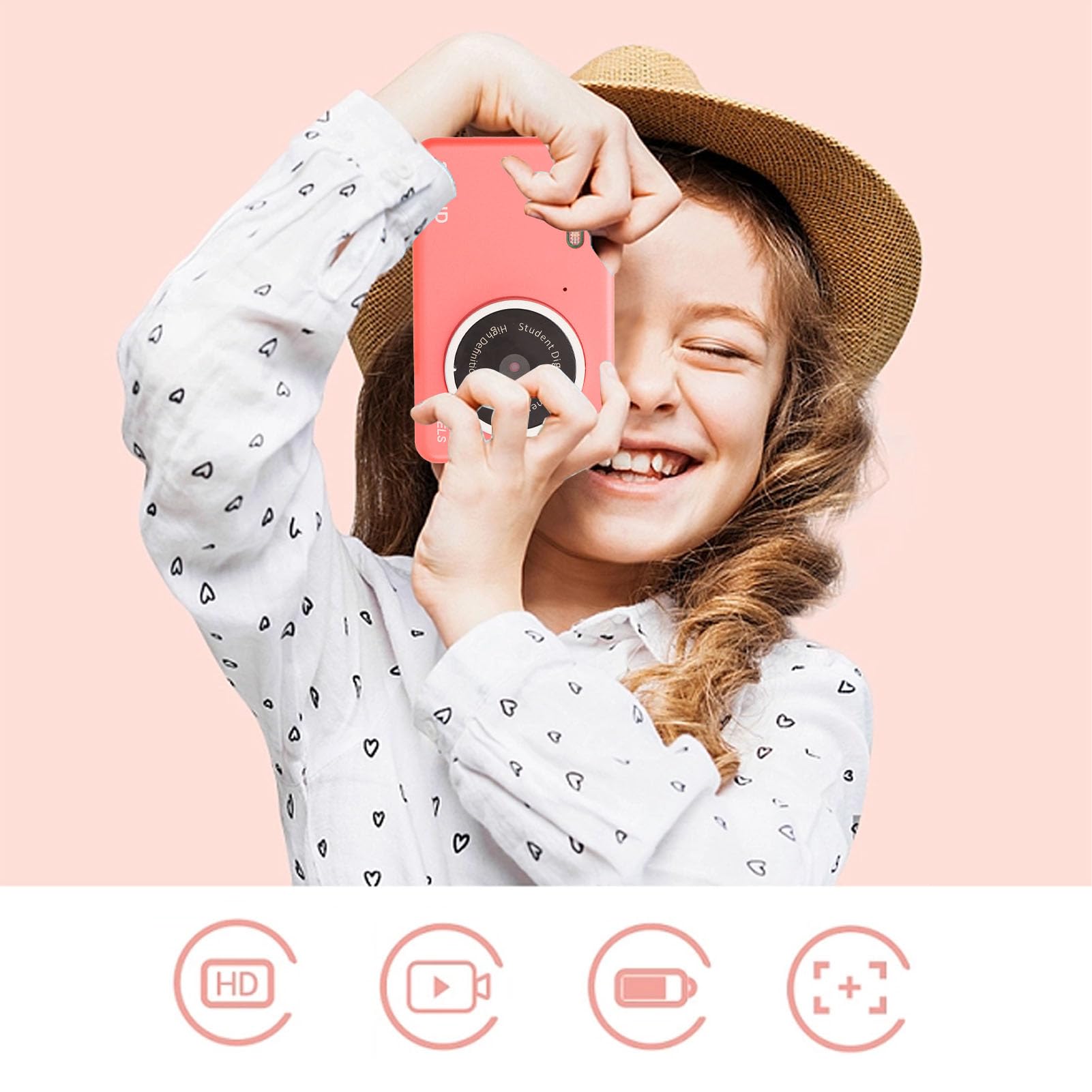 2.5K Digital Camera, 8X Zoom Automatic Light Sensitivity Dual Lens Video Camera, for Kids Student, Cute Pocket HD Camcoder (Pink)