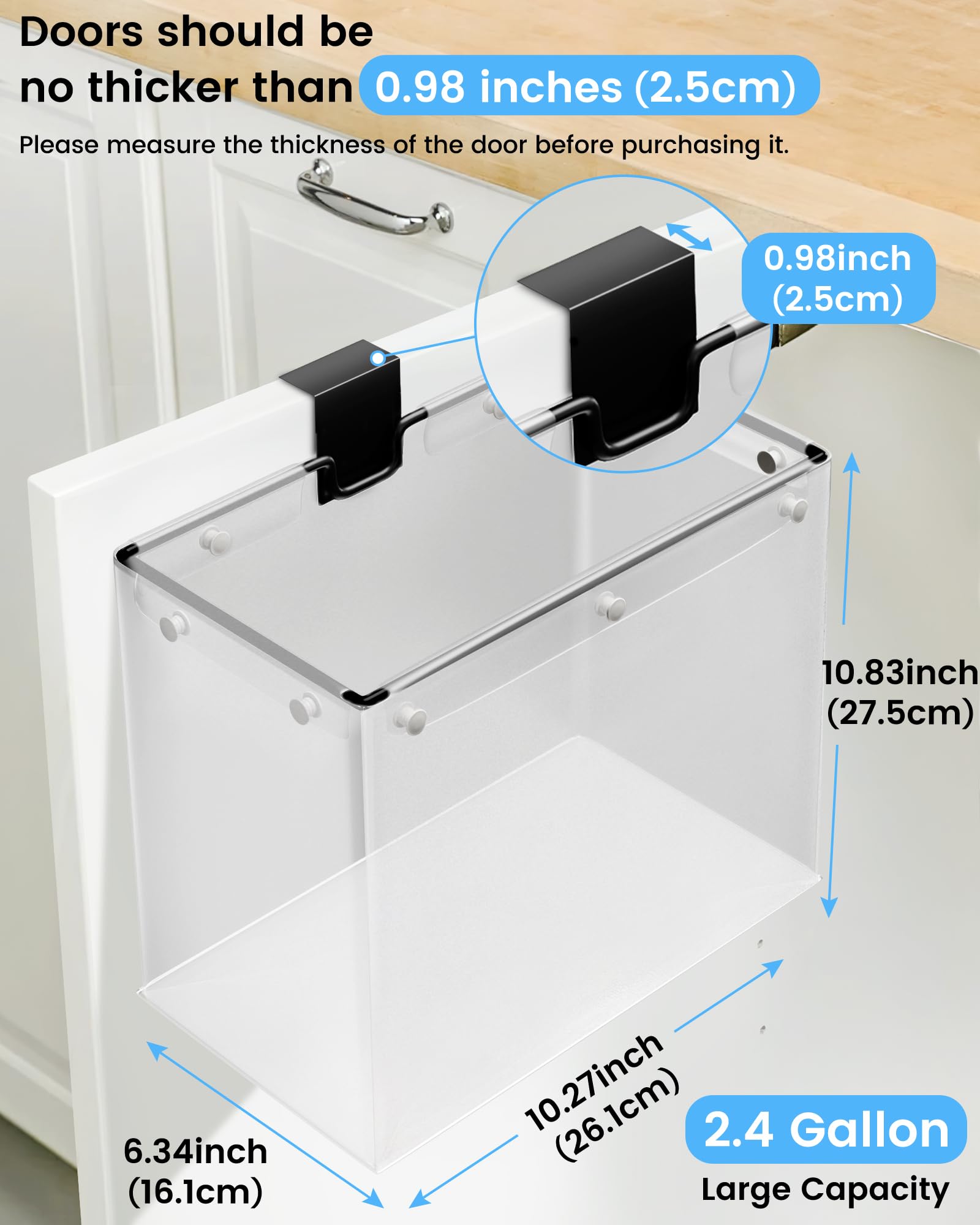 2 Pack Hanging kitchen Trash Can, Small Trash Can Under Sink, Hook and Loop Design Oxford Cloth, Storage Box, 2.4 Gallon Food Waste Bin, Foldable Garbage Can Bag Holder Black for Cabinet Outdoor