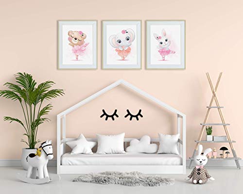 Framed Nursery Wall Art Animals Ballerinas for Girl Baby Room Wall Decor, 10"x12" Wood Frame, Set of 3