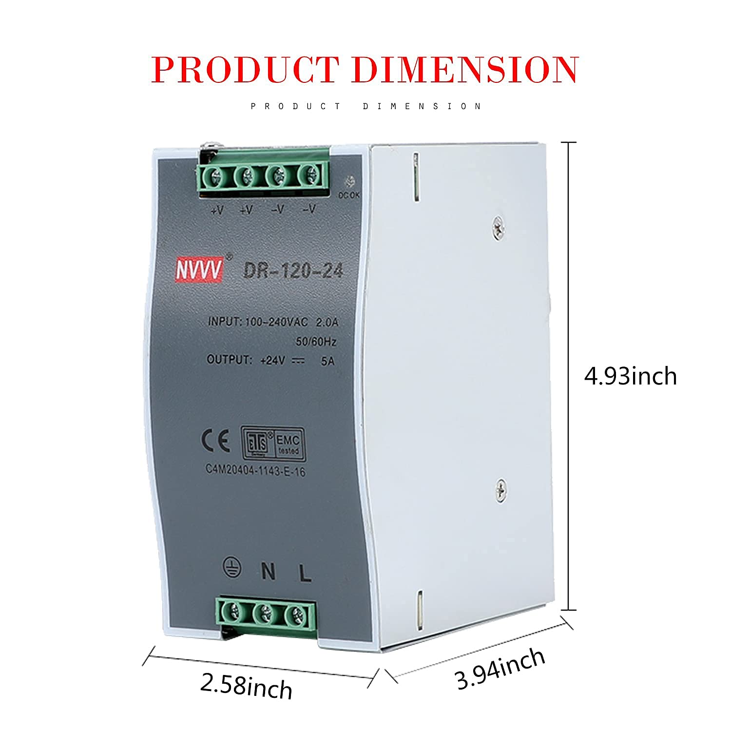NVVV DR-120-24 AC to DC DIN-Rail Power Supply, 24V, 5 Amp, 120W, 1.5 inches, Silver+Grey