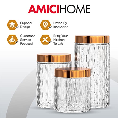 Amici Home Desmond Glass Canister | Dry Food Storage Container with Airtight Copper Lid | Clear Glass Jar for Kitchen & Pantry Organization | Small, 32 Oz