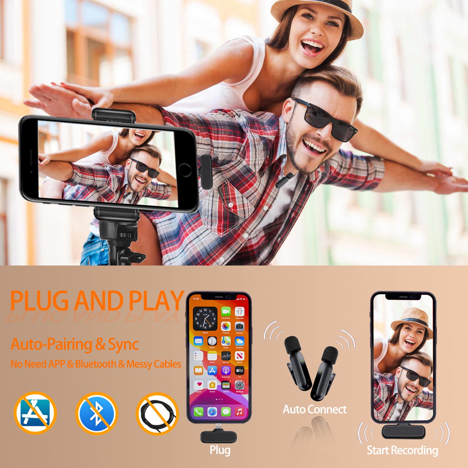 2 Pack Wireless Lavalier Microphone for iPhone iPad with 800mAh Charging Case, RockyMars Clip on Lapel Mic, Plug-Play, Noise Reduction, Portable Microphone for Video Recording/FaceTime/Online Live