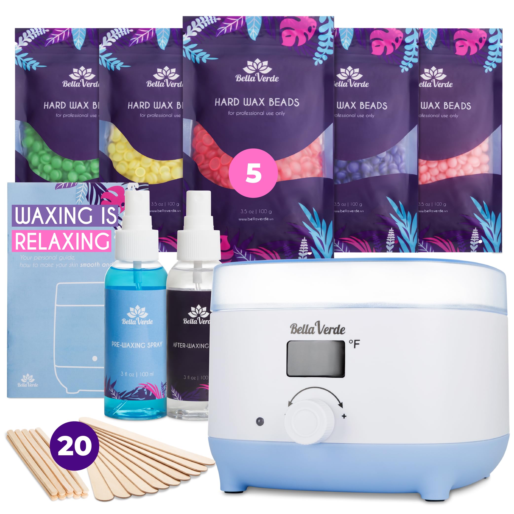Bella Verde Waxing Kit for Women & Men - Hard Wax Kit for Hair Removal - Wax Warmer for Face, Legs, Eyebrows, Body, Bikini - Home Melter Wax Pot Machine - Hard Wax Beads Kit, Painless All Hair Types