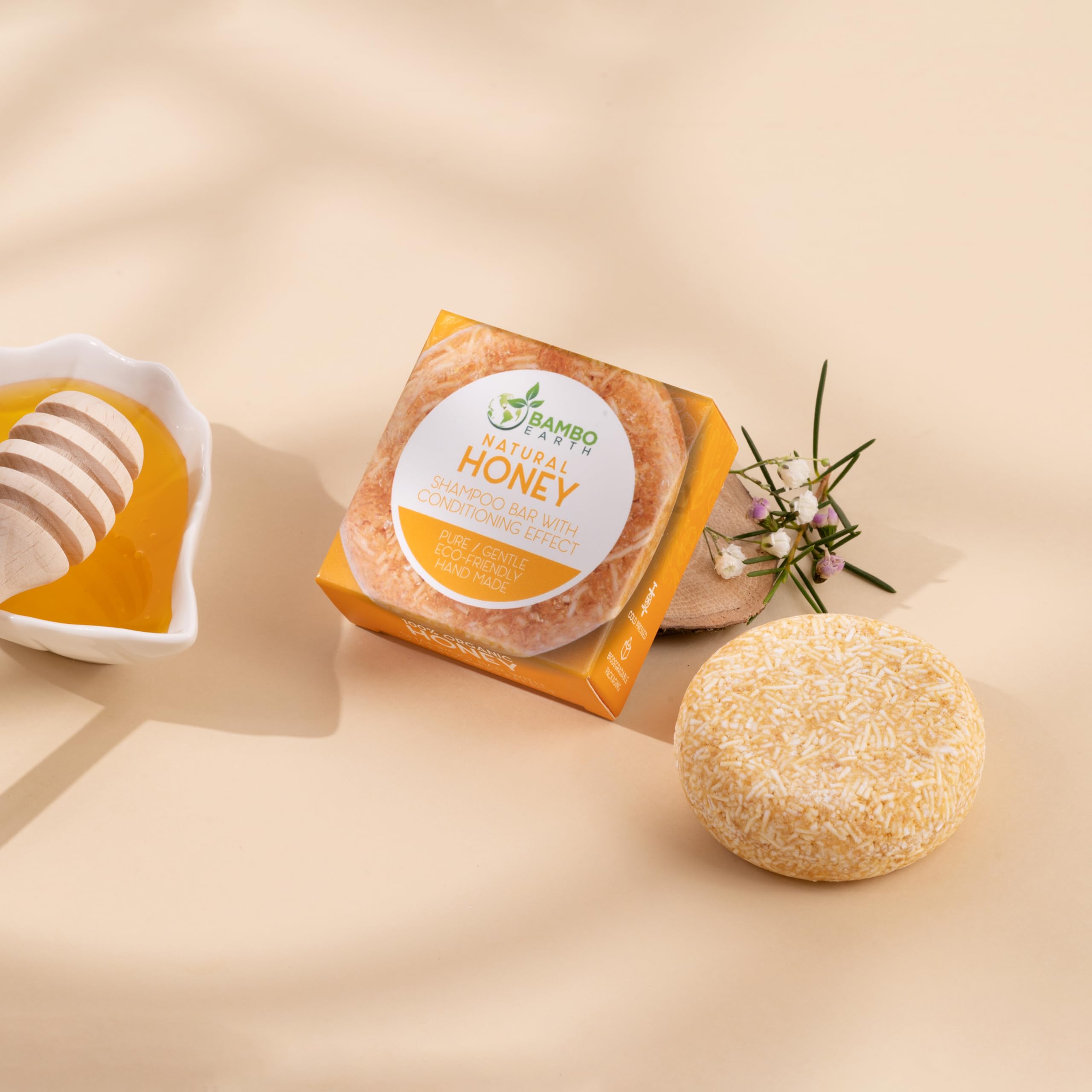 BAMBOEARTH Solid Shampoo Bar And Conditioner Effect Hair Soap – 100% Organic Shampoo Bars For Hair With All Natural Plant Based Essential Oils And Zero Waste Biodegradable Packaging (Honey)