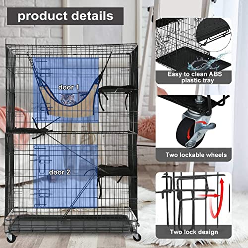 48'' Large Cat Cage with Wheels, Collapsible Large 3-Tier Metal Cat Enclosure Perching Shelves Cat Crate Cat Kennel Ferret Chinchilla Cage with Cat Hammock/3 Cat Bed/3 Ramp Ladder/Cat Litter Pan