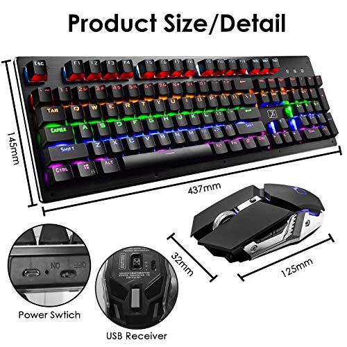 Wireless Gaming Keyboard and Mouse Combo with 104 Key Rainbow LED Backlight Rechargeable 4600mAh Battery Mechanical Keyboard Anti-ghosting Ergonomic RGB Mute Mice for Computer PC Gamer (Blue Switch)