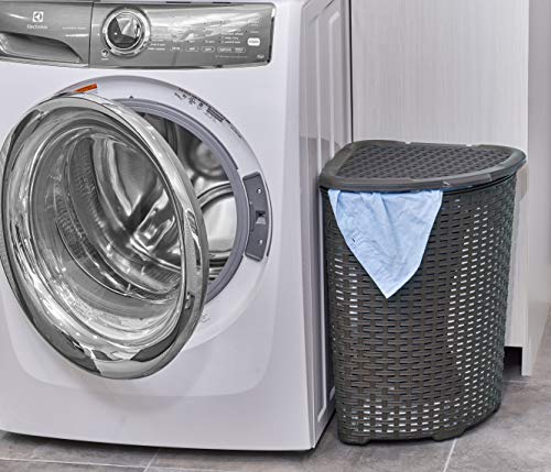 Corner Laundry Hamper Basket with Lid 50 Liter - Brown Wicker Hamper, Durable, Lightweight Bin with Cutout Handles - Storage Dirty Cloths Curved Shape Design Fits Bathroom, Door, Closet. By Superio