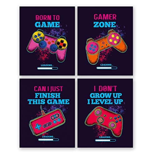 Watercolor Video Game Art Print-Colorful Gaming Inspiational Quote Canvas Wall Art (8"x10"x4pieces, Unframed)-Perfect for Kids Boy Bedroom Decoration