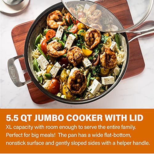 Gotham Steel Sauté Pan with Lid – 5.5 Quart Multipurpose Nonstick Jumbo Cooker with Glass Lid, Stainless Steel Handle & Helper Handle, Oven & Dishwasher Safe, 100% PFOA FREE