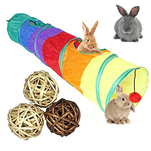 Bunny Hideout, Rabbit Tunnels and Tubes, 3 Pack of Grass Balls - Collapsible Hideaway Small Animal Activity Tunnel Toys for Chinchillas Ferrets Guinea Pigs Gerbils Hamsters Rats, Size - 47 x 10 in