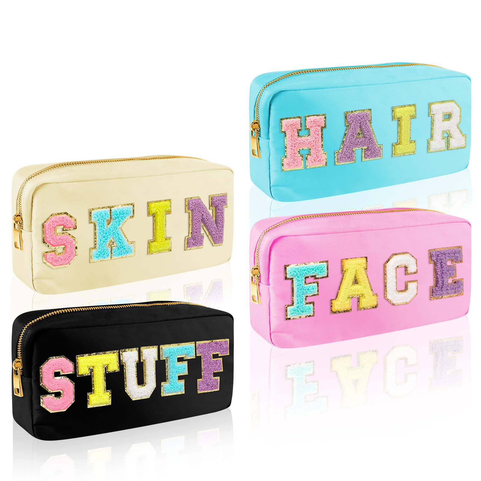 4 Pcs Preppy Chenille Letter Makeup Bag,Nylon Zipper Waterproof Preppy Stuff Bag,Cosmetic Travel Organizer Bag for Women Teen Girl(Pink,Blue,White,Black)