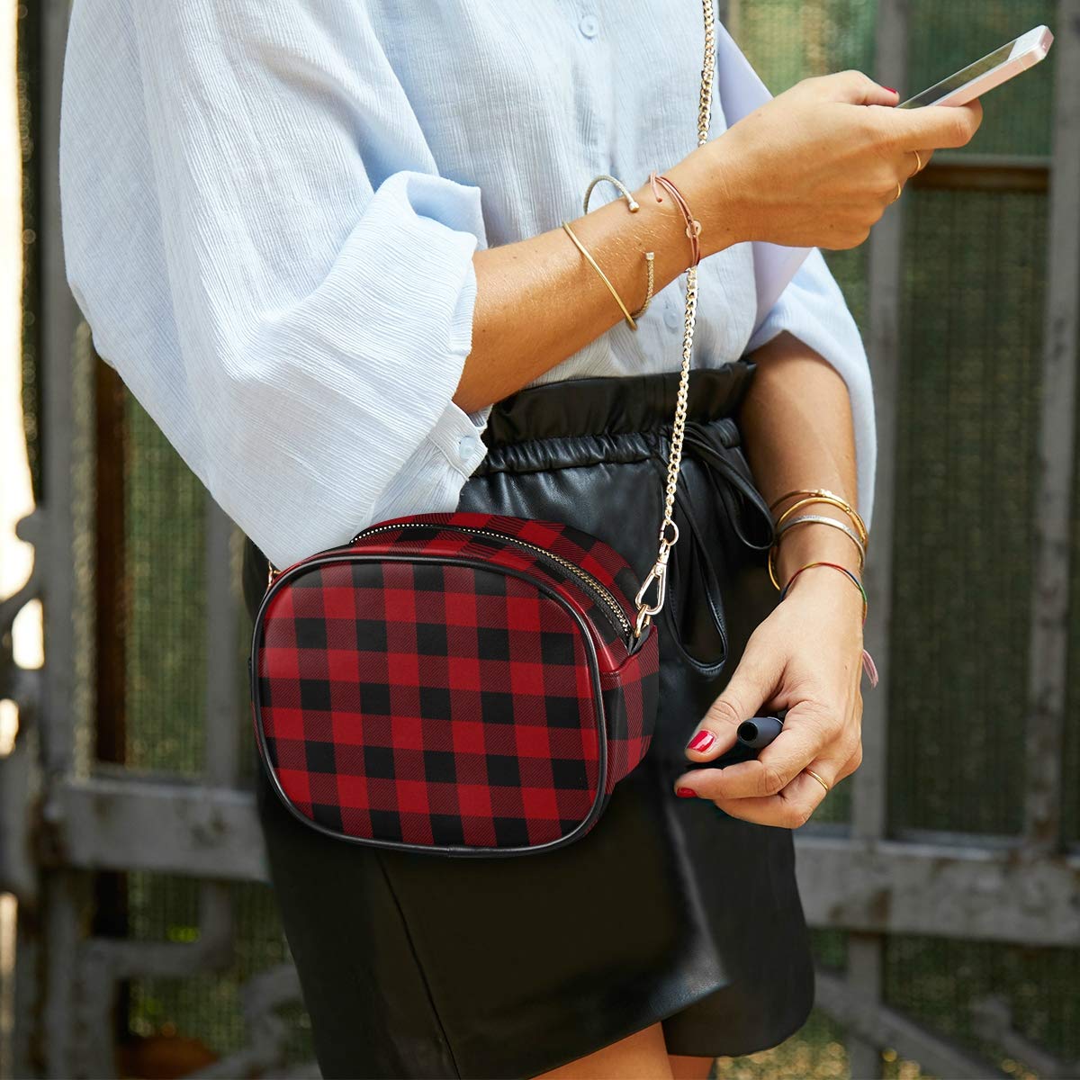 ALAZA PU Leather Small Crossbody Bag Purse Wallet Red Black Buffalo Lattice Plaid Cell Phone Bags with Adjustable Chain Strap & Multi Pocket