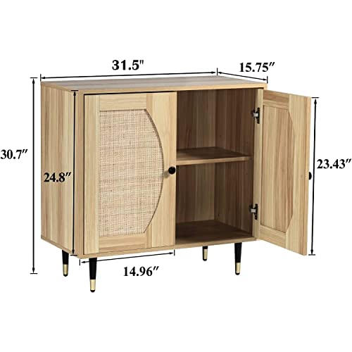 4ever2buy Rattan Buffet Cabinet Sideboard with Storage, Kitchen Accent Cabinet with Woven Natural Rattan Doors, Entryway Cabinet with Adjustable Shelves,Console Tables for Living Bedroom Dining Room