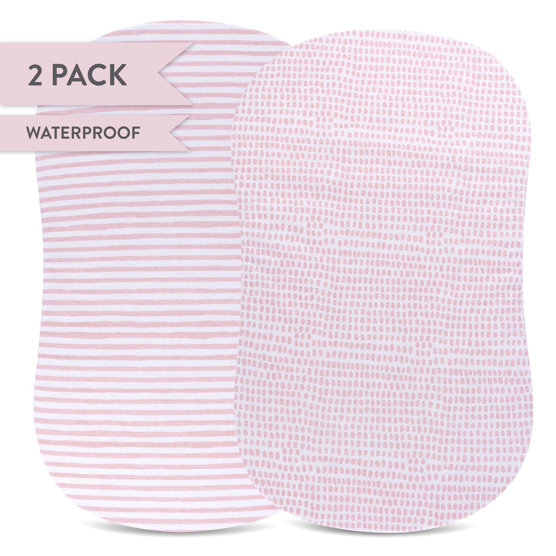 Ely's & Co. Patent Pending Waterproof Bassinet Sheet, No Need for Bassinet Mattress Pad Cover, 2 Pack Mauve Pink Splash & Stripes,for Baby Girl 32" 16"X3"