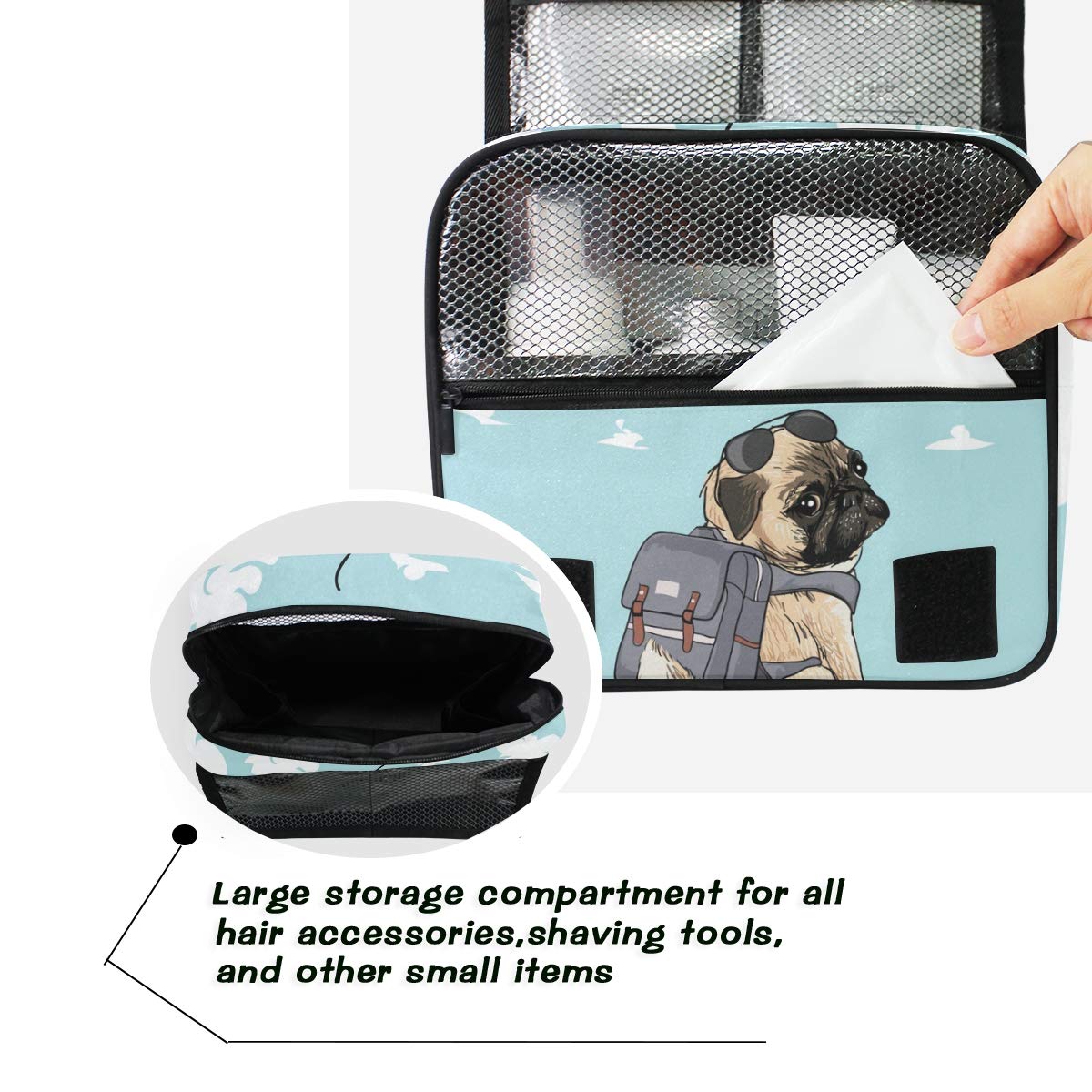 ALAZA Pug Dog Blue Travel Toiletry Bag Hanging Multifunction Cosmetic Case Portable Makeup Pouch Organizer with Hook