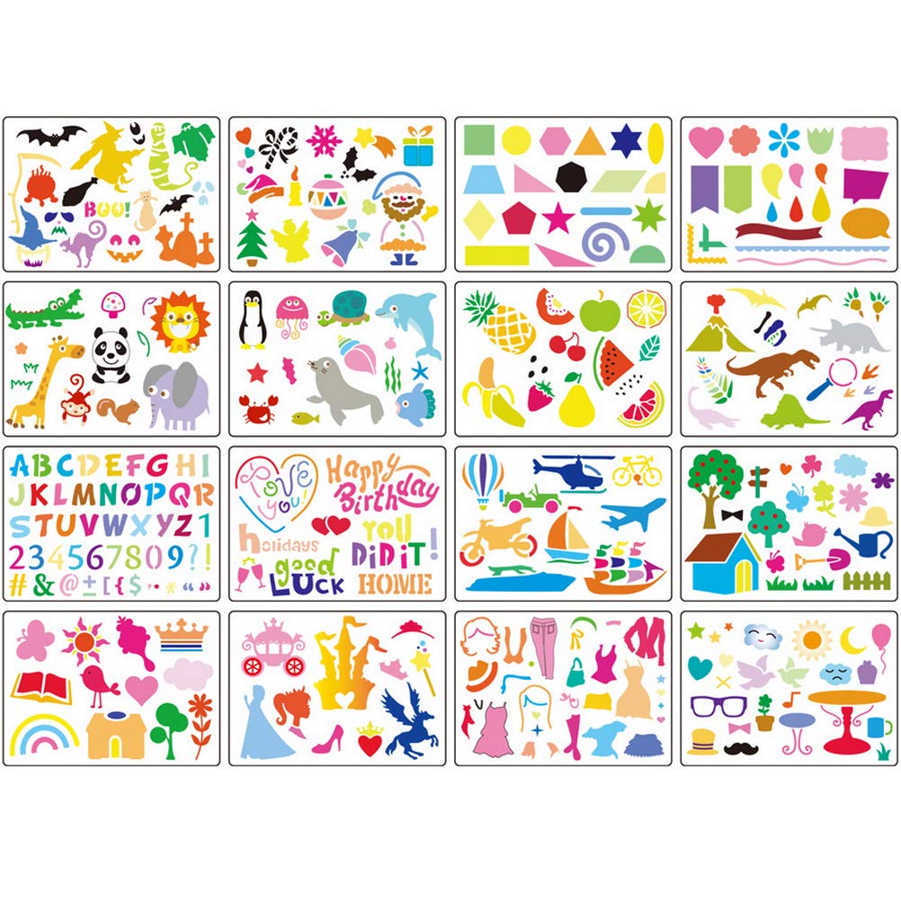 21 Pcs Drawing Painting Stencils Set Stocking Stuffers, Plastic Painting Template Over 300 Different Patterns with 1 Pcs Painting Brush for Crafts
