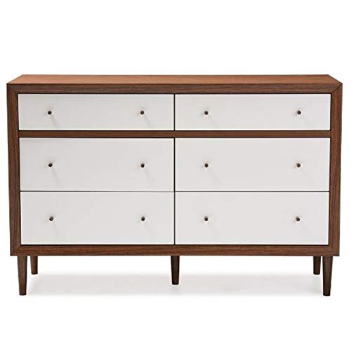 Baxton Furniture Studios Harlow Mid-Century Wood 6 Drawer Storage Dresser, Medium, White and Walnut