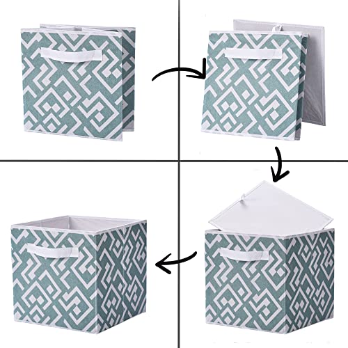 4 pc Cube Storage Bin Set – 11 inch Foldable Storage Cubes - Fabric Bins for Shelf, Closet, Clothes Organizer, 11X11 Foldable Basket, Decorative Cute Pattern Canvas Organization (Yellow, Blue & Brown) (Blue)