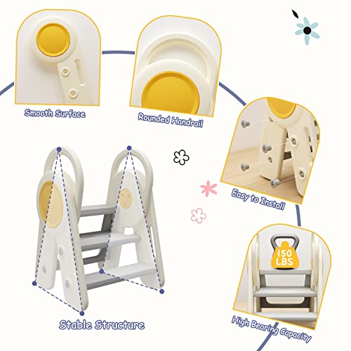 BanaSuper Foldable Toddler Step Stool with Safety Handrail for Kitchen Counter Bathroom Sink Kids Adjustable Toilet Potty Training Stool Children Step Ladder Learning Helper with Non-Slip Pads(Yellow)