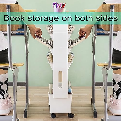 5 Tier Mobile Bookshelf, Removable Movable Unique Bookcase, Utility Organizer White Bookshelves with Wheels for Kids Children Students Study at Home School Bedroom Living Room