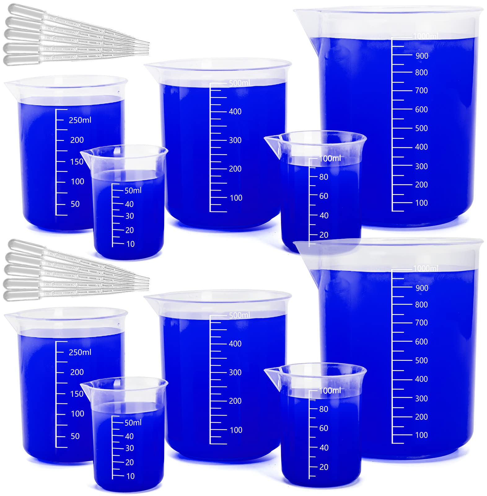 Plastic Beakers Set, 20 Pcs Plastic Measuring Beakers and Droppers, 10 Pcs Clear Measuring Graduated Liquid Container Beakers in 50/100/250/500/1000ml with 10 Pcs Thickened Plastic Droppers in 3ml