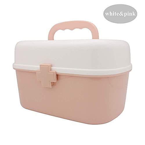 BangQiao Plastic First Aid Storage Box Container Bin with Removable Tray and Portable Handle, Family Emergency Medicine Kit Case Organizer, White&Pink