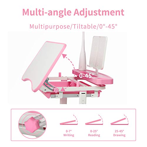 Gowxil Kids Functional Desk and Chair Set, Height Adjustable Children School Study Desk with Tilt Desktop, Bookstand, LED Light, Metal Hook and Storage Drawer for Boys Girls