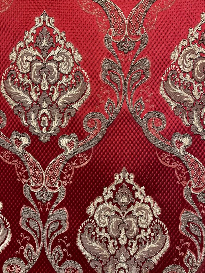 54" Renaissance Jacquard Drapery Upholstery Damask Stripe Diamond Fabric | Sold by The Yard (Damask RED)