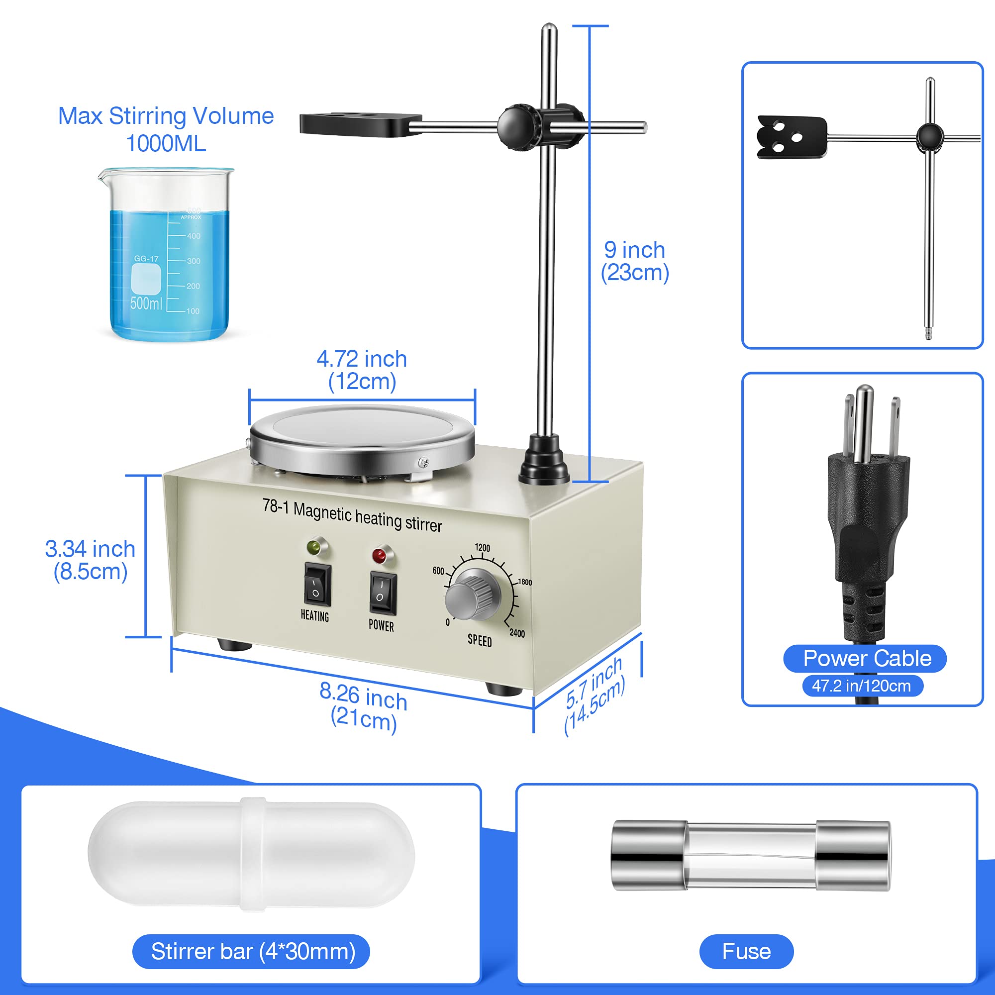 78-1 Magnetic Stirrer Hot Plate Magnetic Mixer 1000ml Lab Hot Plate with Magnetic Stirrer, 2400 RPM Magnetic Stir Plate with 4 Stir Bars and Support Stand, Max 158°F Hotplate Magnetic Stir